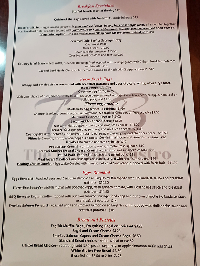 This menu reads like a love letter to breakfast classics. No molecular gastronomy or deconstructed nonsense—just honest food that respects your hunger and your intelligence.