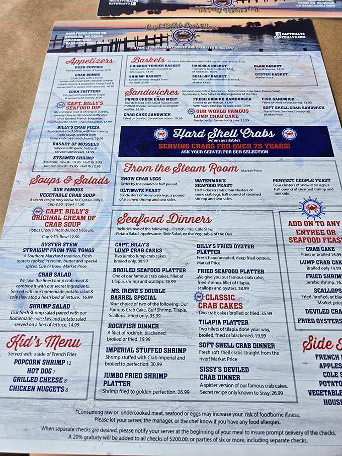 The menu reads like a love letter to the Chesapeake Bay. "Serving crabs for over 75 years" isn't just marketing&mdash;it's a badge of honor.
