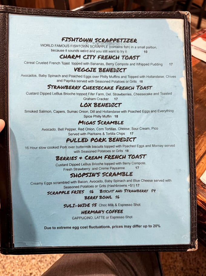 This menu reads like a love letter to breakfast, with creative offerings from "Fishtown Scrappetizer" to "Charm City French Toast" that elevate morning classics.