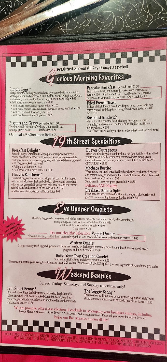 The menu reads like a love letter to breakfast enthusiasts. "Glorious Morning Favorites" isn't just a section title&mdash;it's a promise.