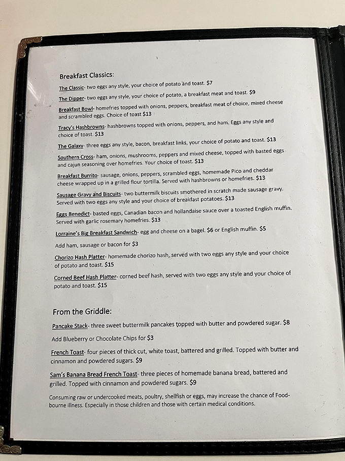 The menu reads like a delicious roadmap to breakfast nirvana. Each item promises a journey worth taking, especially that legendary French toast.