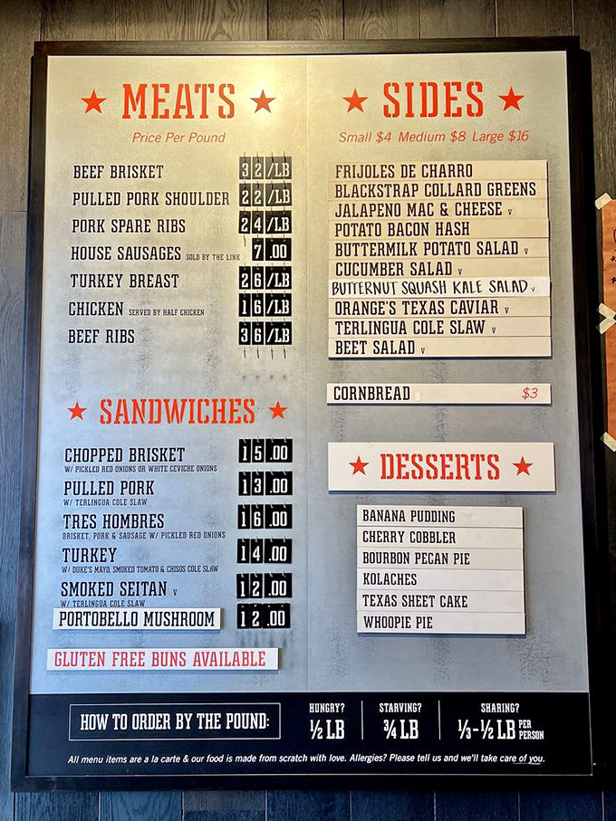 The menu board at ZZQ reads like barbecue poetry. Brisket at the top, as nature intended.