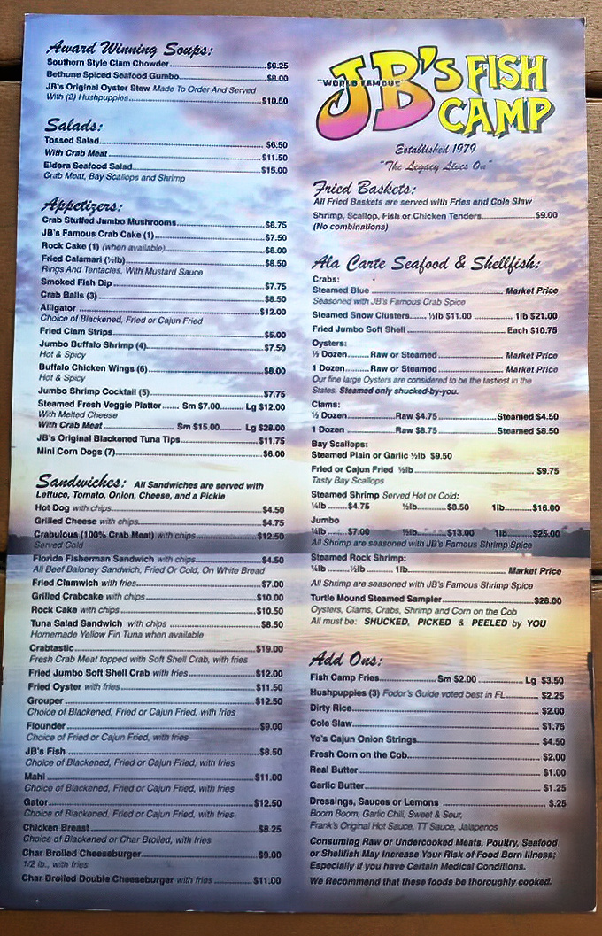 A menu that reads like a love letter to the sea. When the offerings include alligator and "shucked, picked & peeled by YOU," you know you're in for an authentic Florida experience.