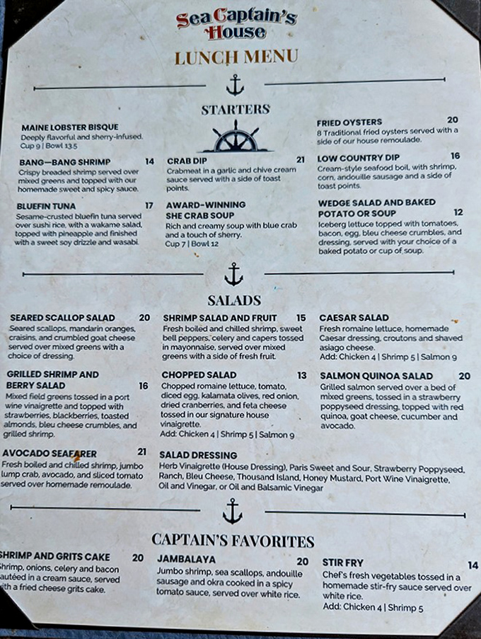 The menu reads like maritime poetry&mdash;She Crab Soup that's won awards, Bang-Bang Shrimp that'll make your taste buds dance, and seafood prepared with reverence rather than pretension.