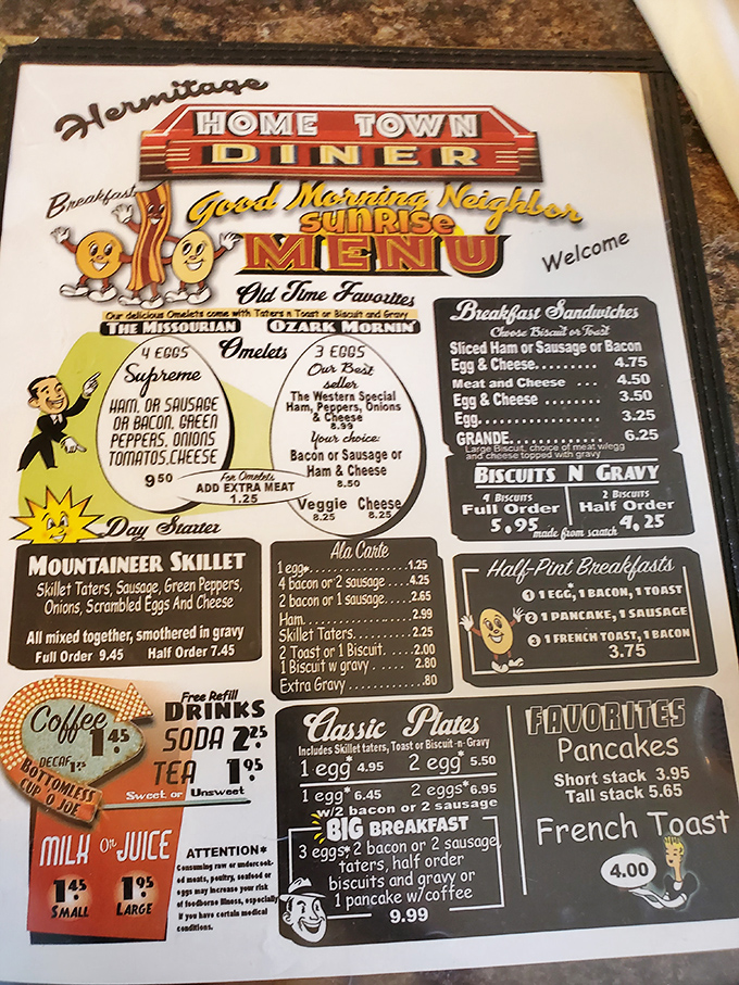 The whimsical breakfast menu features cartoon bacon strips with faces, promising "Old Time Favorites" that have kept locals coming back for generations.