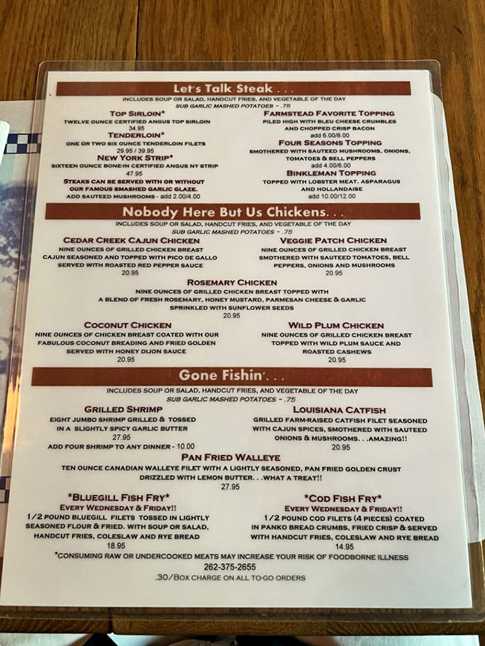 The menu reads like a love letter to Midwest classics. When they call the walleye "what a treat," file that under "statements that deserve Pulitzer consideration."