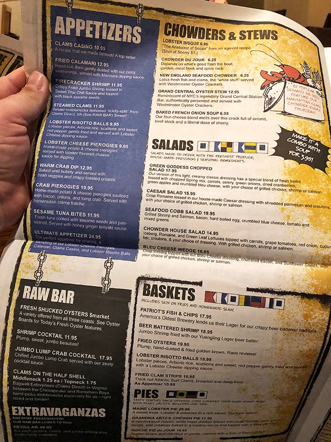 This menu isn't just a list of dishes &ndash; it's a maritime treasure map where X marks the spot for lobster bisque and seafood delights.