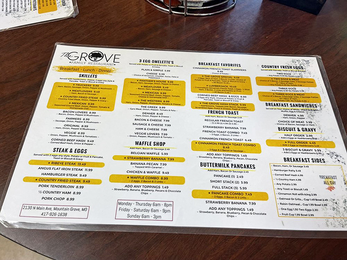 The menu reads like a love letter to breakfast classics &ndash; notice that highlighted "Waffle Shop" section calling your name?