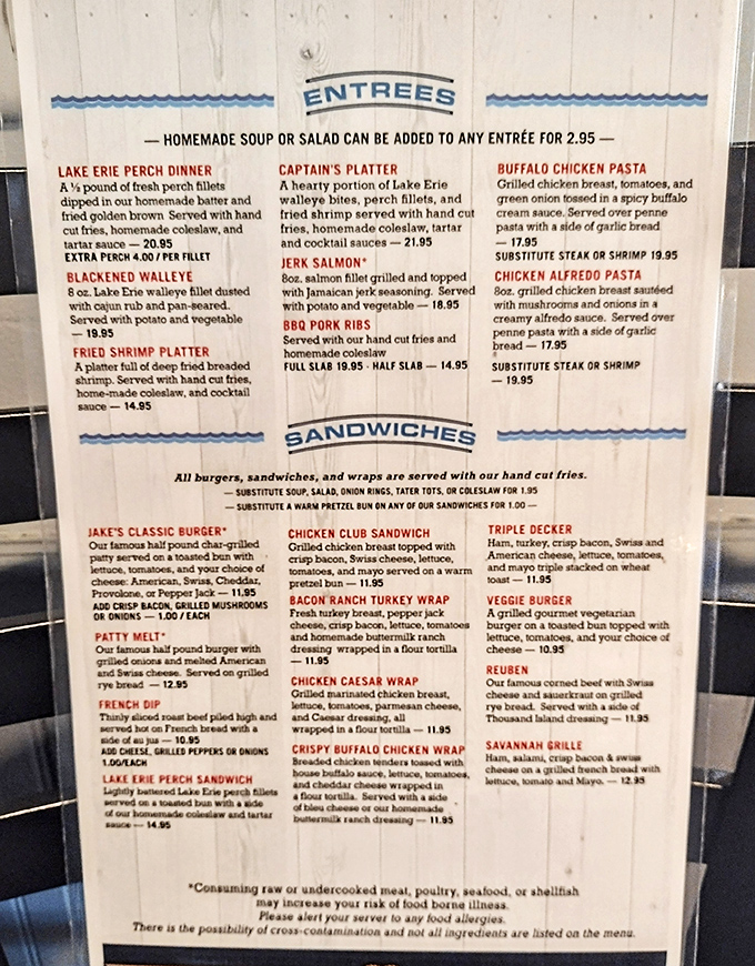 This menu reads like a love letter to Lake Erie's bounty &ndash; blackened walleye, perch dinners, and comfort classics that make decision-making deliciously difficult.