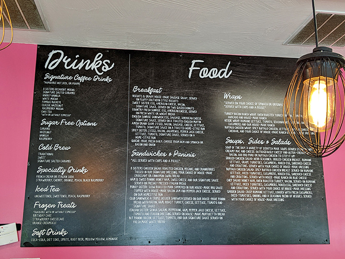The menu board tells the delicious story&mdash;from signature coffee drinks to hearty breakfast sandwiches. It's like reading a love letter to comfort food written in chalk.