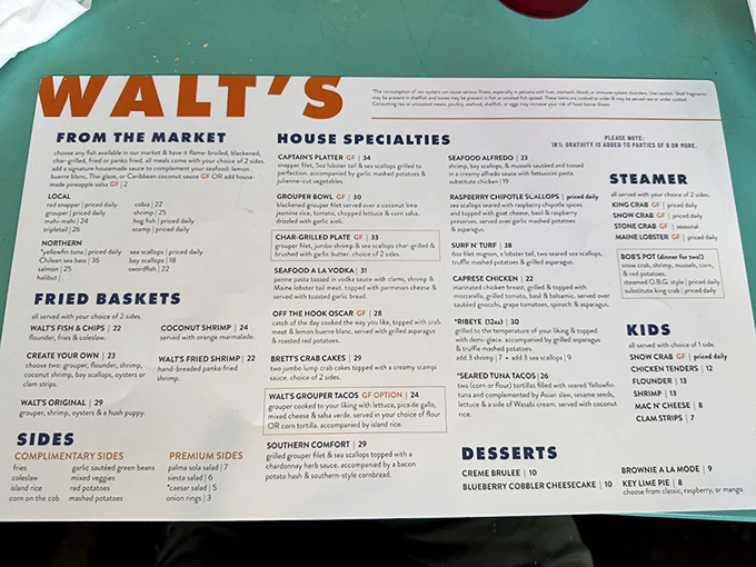Walt's menu reads like a love letter to the Gulf, each item a chapter in Florida's seafood story, from simple fried baskets to chef-driven specialties.