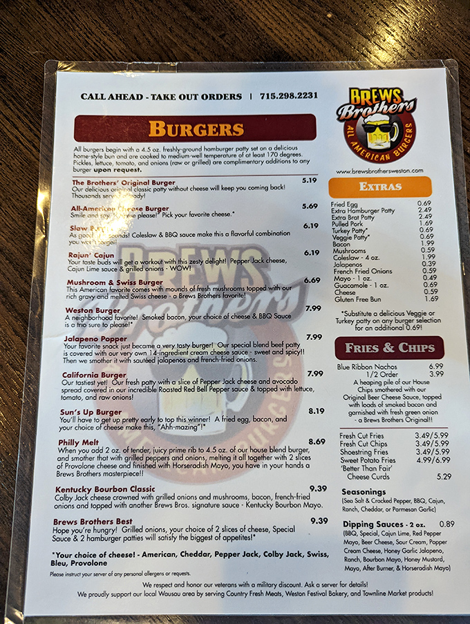 A menu that reads like a love letter to beef. Each burger description makes your stomach growl in anticipation.