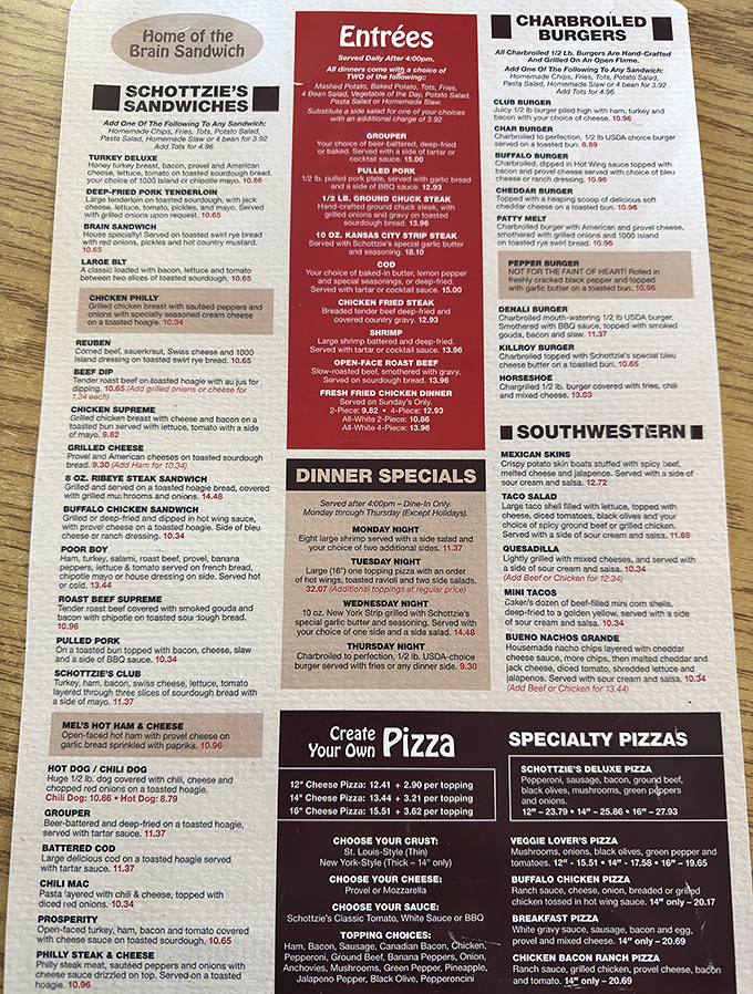 "Home of the Brain Sandwich" proudly declares the menu, a badge of culinary courage in a world of predictable pub grub.