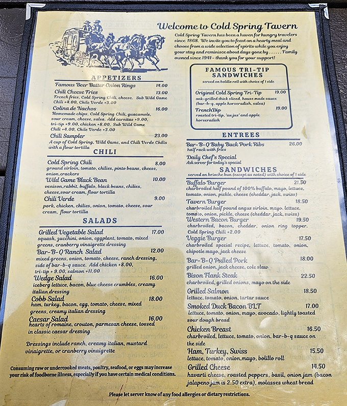 Menu from Cold Spring Tavern, serving hearty meals and famous tri-tip since 1868&mdash;a historic spot for good food and great memories.