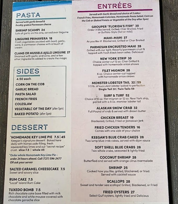 The menu reads like a love letter to the ocean &ndash; notice how "Grouper: Florida's Fish" gets top billing, a well-deserved spotlight.