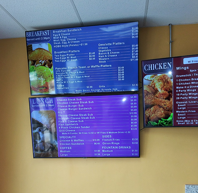 The menu board reads like a love letter to comfort food classics. Breakfast until 2pm? Now that's civilization.