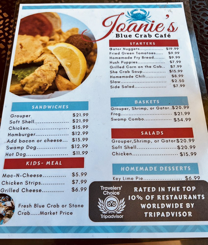 The menu reads like a love letter to the Everglades. Where else can you find "Swamp Combo" alongside a TripAdvisor badge of honor?