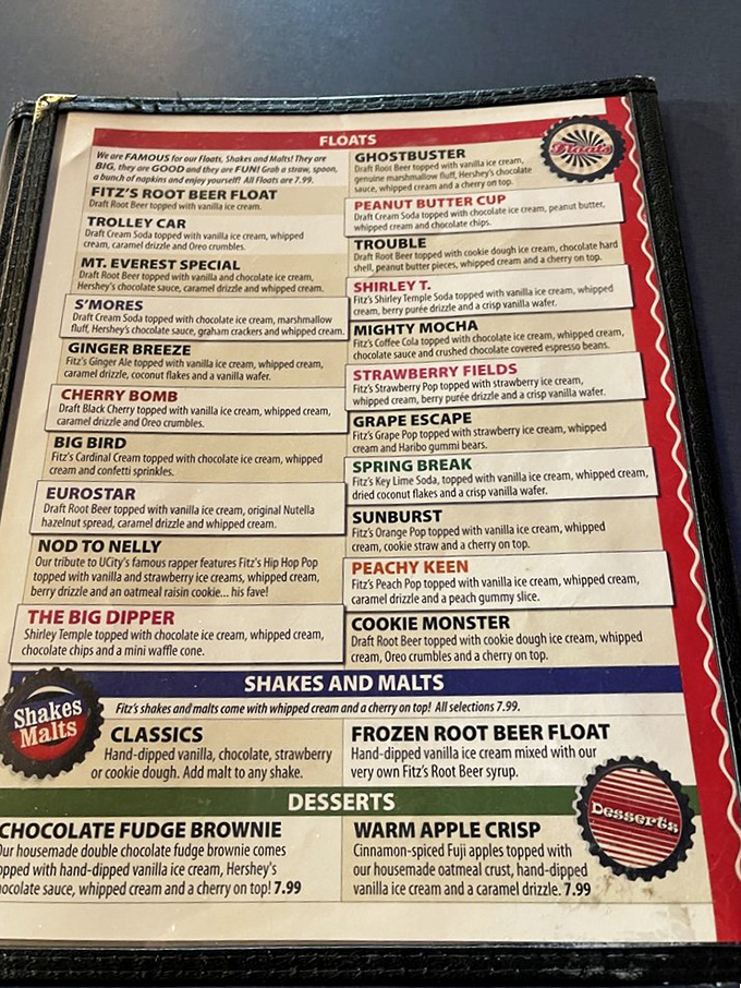 The float menu reads like a dessert fantasy novel—each creation more imaginative than the last, from classic root beer floats to the adventurous "Mighty Mocha."