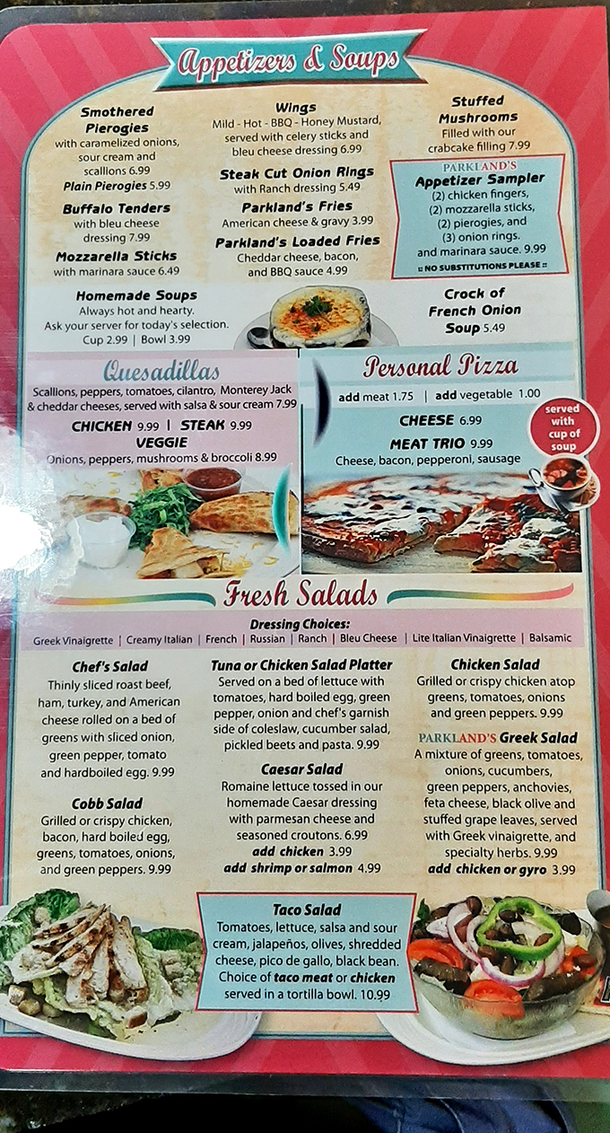 This menu reads like a love letter to comfort food. Pierogies and quesadillas living harmoniously on the same page&mdash;a United Nations of deliciousness.