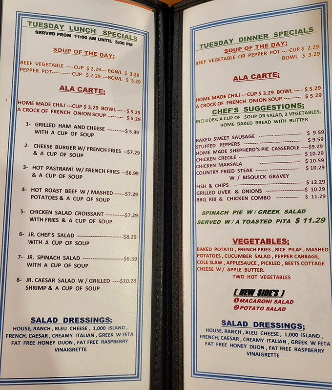 Tuesday's specials read like a comfort food manifesto. Notice how "Greek Salad" appears with spinach pie &ndash; a clue to the Mediterranean treasures awaiting.