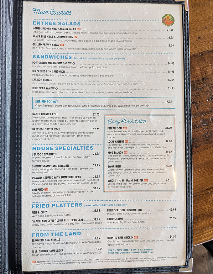 This menu isn't just a list of dishes—it's a treasure map to seafood nirvana, with X marking every delicious spot.