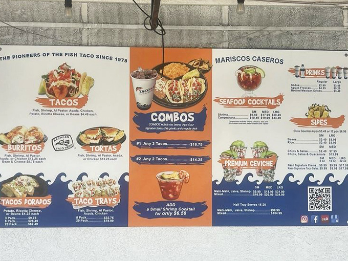 The menu board tells a delicious story – fish tacos, seafood cocktails, and burritos that have kept locals coming back for decades.