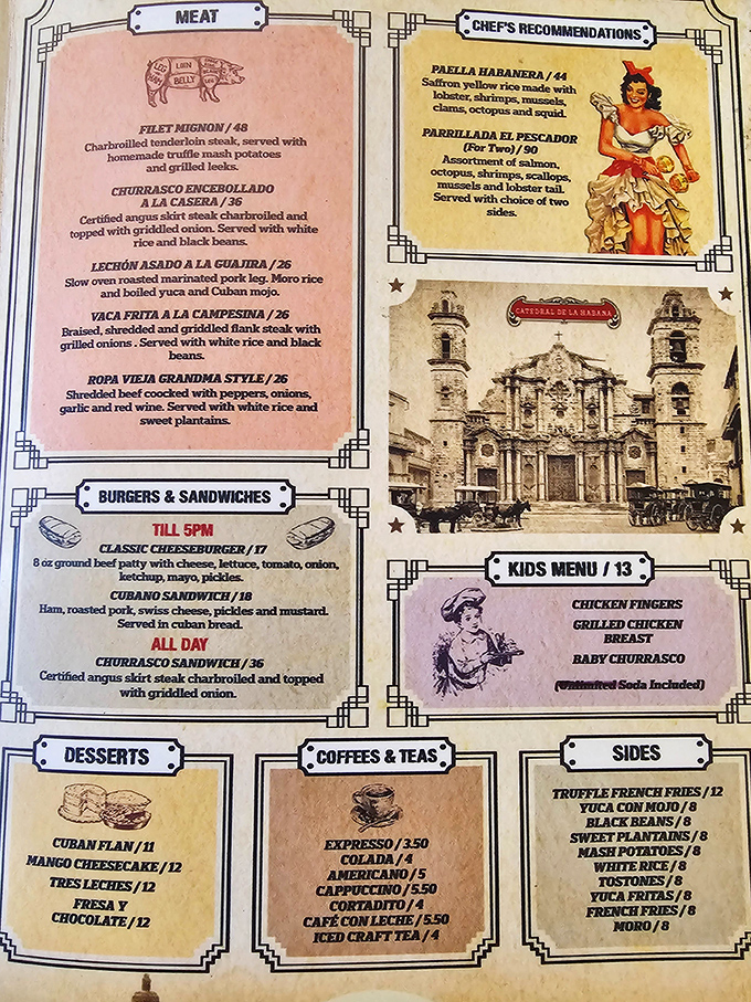 A menu that reads like a greatest hits album of Cuban cuisine, with prices from a happier time.