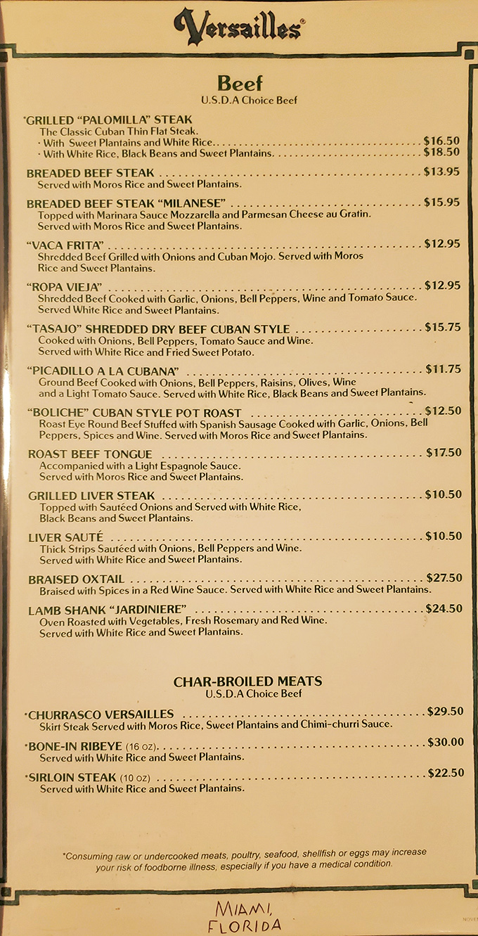 A menu that reads like a Cuban grandmother's recipe box, with prices from a kinder, gentler era.