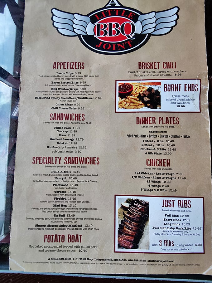 This menu isn't just a list&mdash;it's a roadmap to happiness. The burnt ends section deserves its own spotlight, like a headliner at a culinary concert.