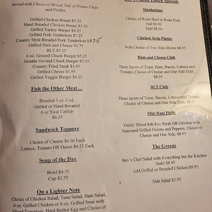 The menu at Bev's reads like a love letter to Midwest classics. No foam, no "deconstructed" nonsense&mdash;just food that understands what comfort really means.