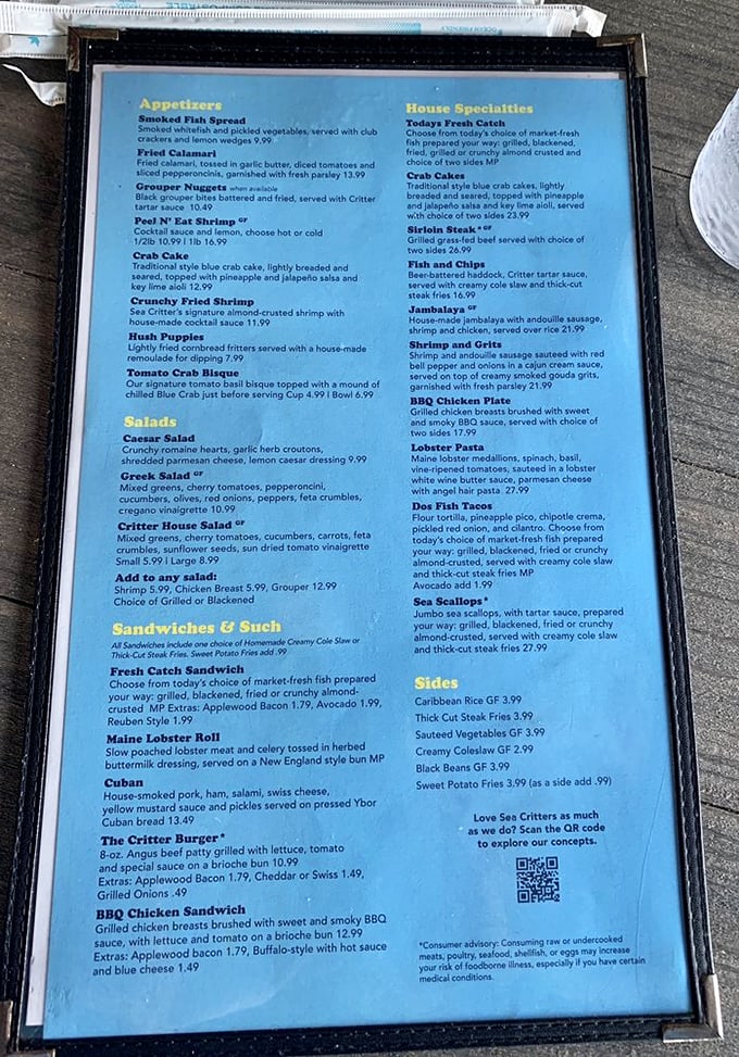 This menu reads like a love letter to Gulf Coast seafood, with enough variety to satisfy every craving imaginable.