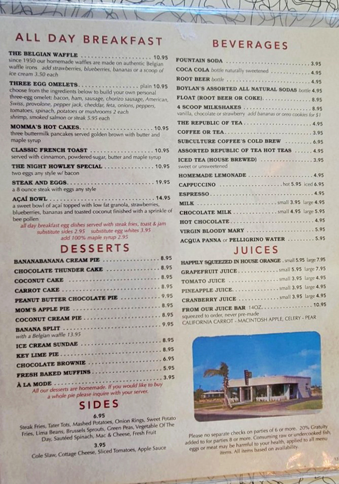 This menu isn't just a list of food&mdash;it's a roadmap to happiness. Belgian waffles since 1950? That's older than most Florida condos!