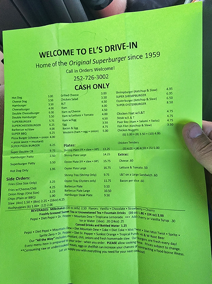 The legendary menu, printed on eye-catching green paper. Like a treasure map where X marks the Super Burger&mdash;and everything else worth eating.