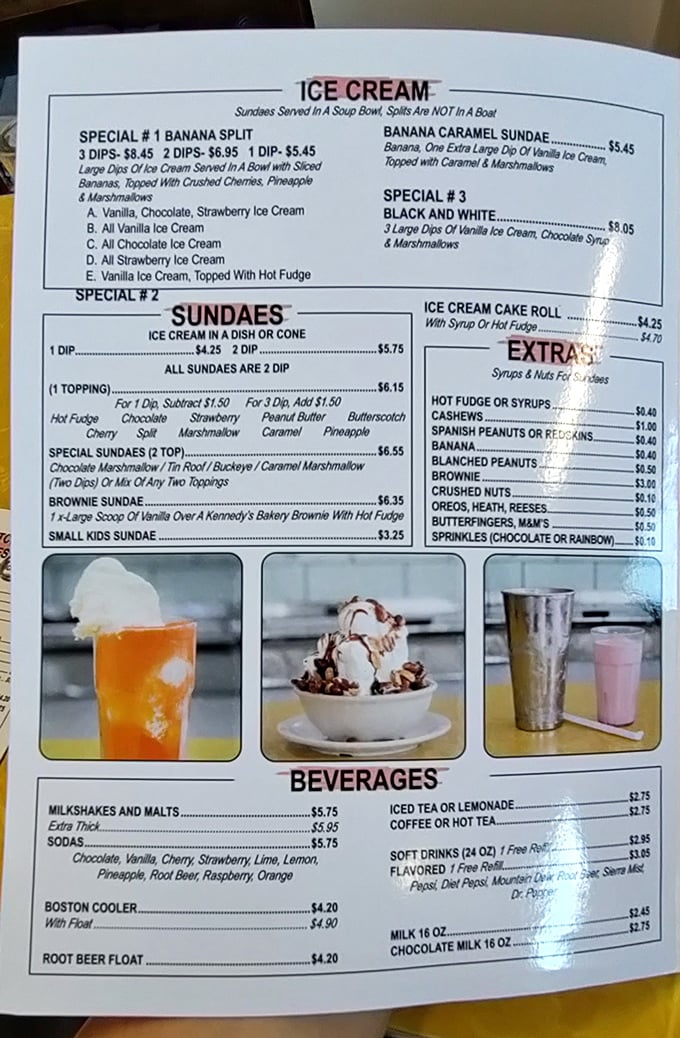 The sacred text of sweetness. Notice how "Sundaes Served In A Soup Bowl" isn't just a description&mdash;it's a philosophy of generosity.