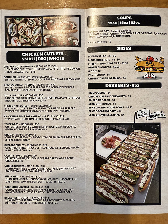 The menu reads like a love letter to Italian-American cuisine, with chicken cutlets playing a starring role alongside classic hoagies.