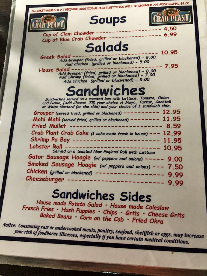 This menu reads like coastal poetry &ndash; from clam chowder to gator sausage hoagies, it's Florida's greatest hits on a single page.