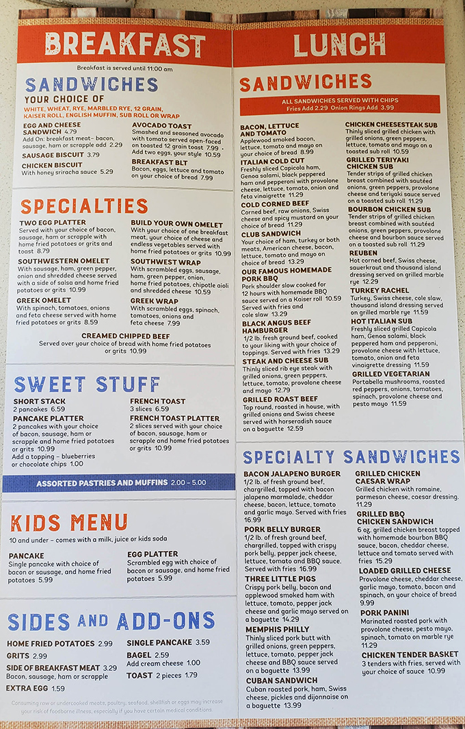 This menu isn't just a list of options&mdash;it's a roadmap to comfort food nirvana, with breakfast served until 11am for those who understand morning is a state of mind.