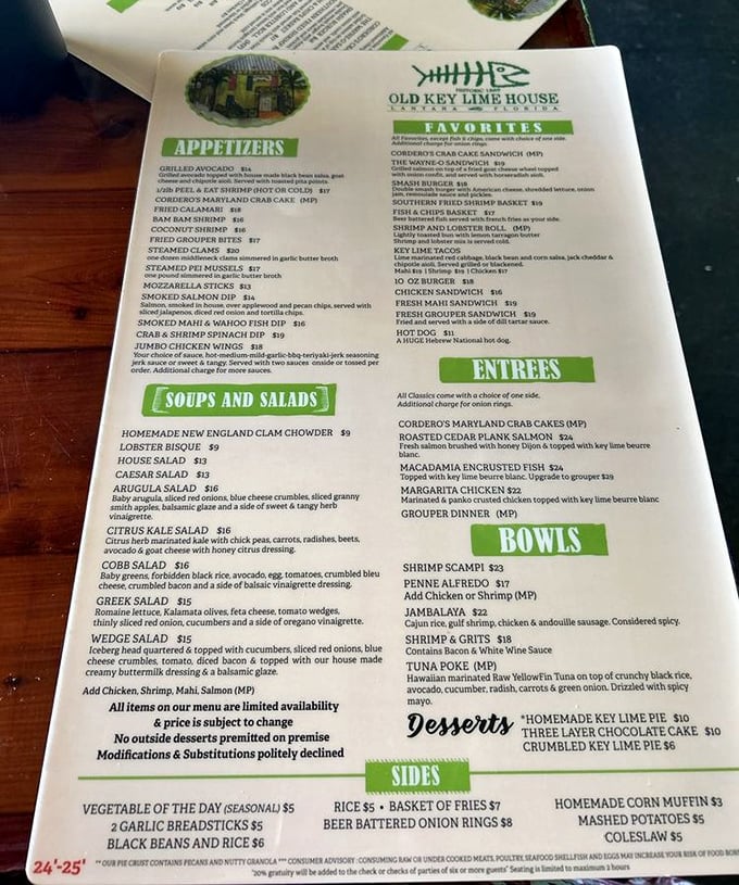 The menu reads like a love letter to seafood enthusiasts. From clam chowder to key lime pie, every Florida craving finds its match here.