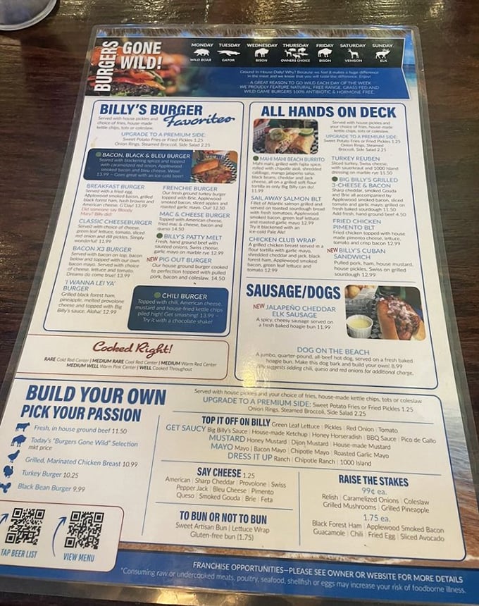 The menu's "Burgers Gone Wild" concept takes you on a safari of flavors &ndash; from wild boar Mondays to elk Sundays.