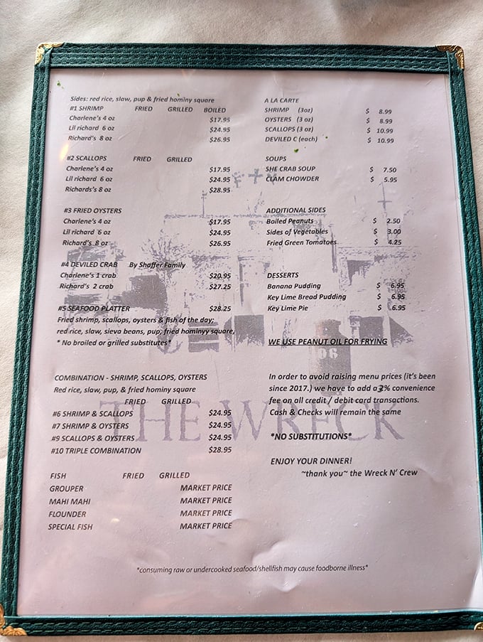 The menu tells you everything you need to know: straightforward seafood options, no substitutions, and a kitchen that knows exactly what it's doing.
