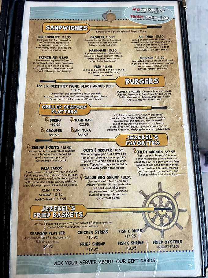 Decisions, decisions! The menu reads like a love letter to Gulf Coast cuisine, with seafood taking center stage as nature intended.