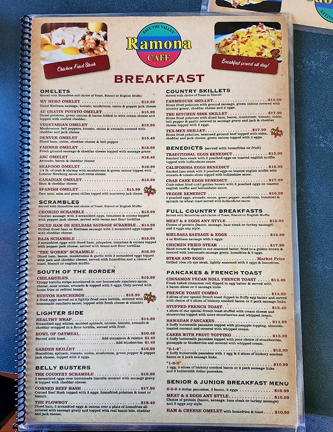 A menu that requires both reading glasses and strategic planning. Choosing just one breakfast item here is like picking a favorite child.