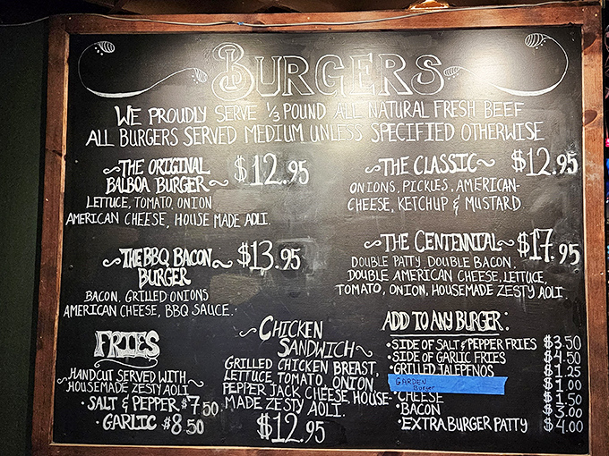 The chalkboard menu speaks the universal language of burger lovers—simple, straightforward, and promising delicious decisions ahead.