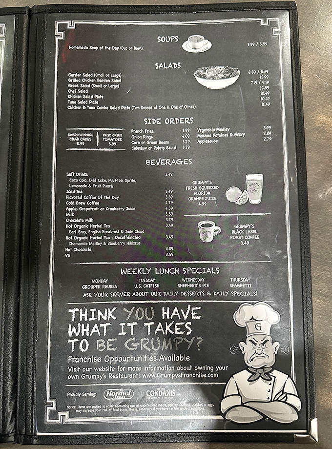 A menu that doesn't need fancy fonts or pretentious descriptions&mdash;just honest food that speaks for itself. The grumpy chef knows best.