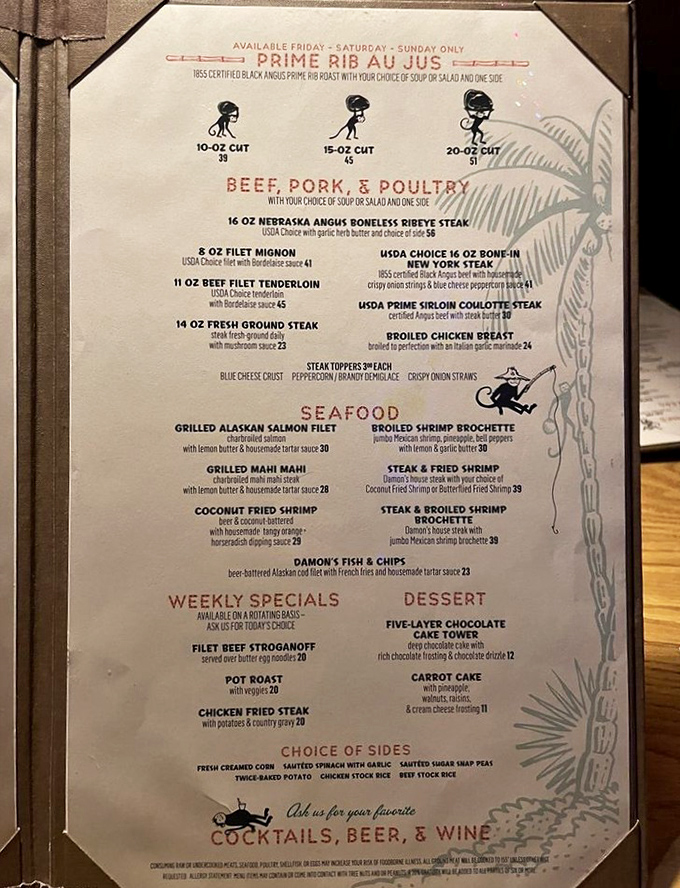 The menu reads like a love letter to carnivores, with prime rib making weekend-only appearances—absence makes the heart grow fonder and the appetite stronger.