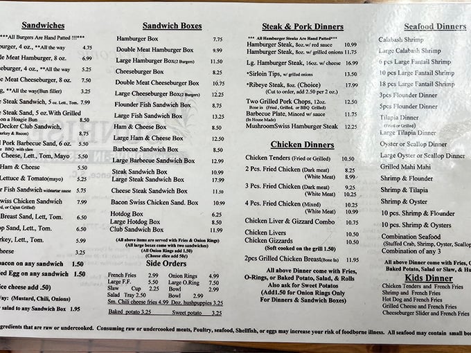 This menu isn't trying to reinvent the wheel&mdash;it's perfecting it. From burgers to seafood platters, it's a roadmap to Southern comfort that doesn't need fancy fonts to impress.