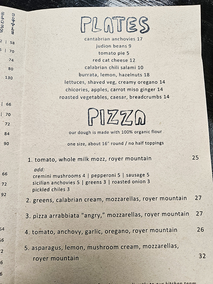 A menu that reads like poetry to pizza lovers. Simple, focused, and promising flavors that will haunt your dreams.