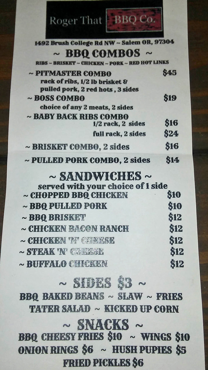 This menu isn't trying to win a poetry contest&mdash;it's a straightforward declaration of delicious intent. The Pitmaster Combo is basically a carnivore's vision board.