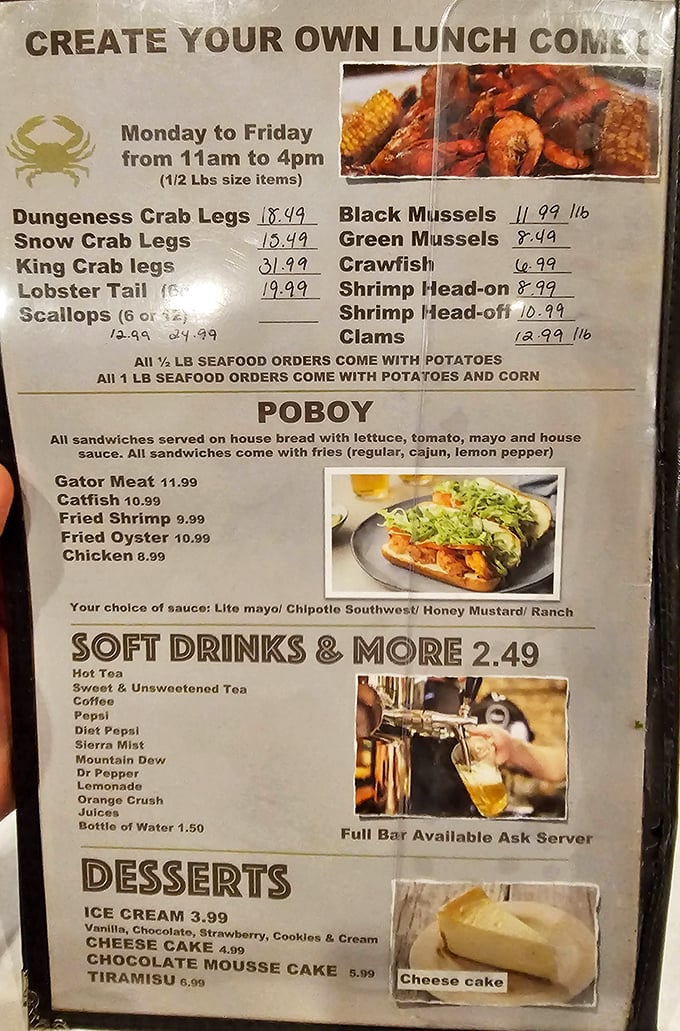 This menu isn't just a list&mdash;it's a treasure map to seafood nirvana, where Dungeness meets po'boys and gator meat tempts the adventurous.
