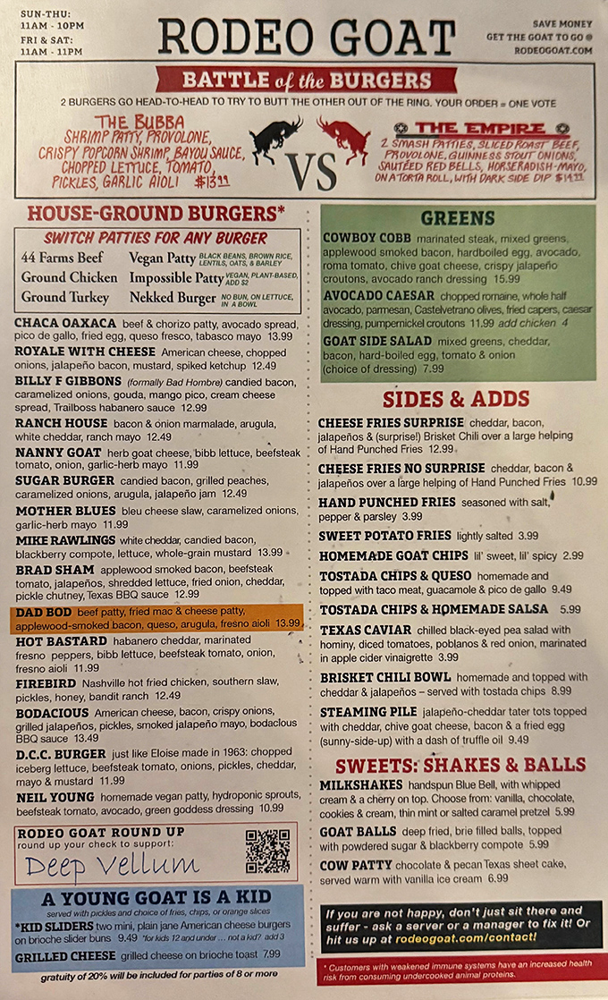 The menu reads like a love letter to creative indulgence, featuring burger combinations that sound crazy but taste brilliant.